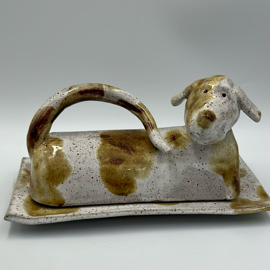 Studio Art Pottery Dog Butter Dish Signed 8” - Read