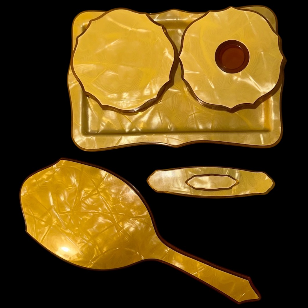 Antique Celluloid 5 Pc Vanity Set 1930s Mirror, Buffer, Tray & 2 Powder ...