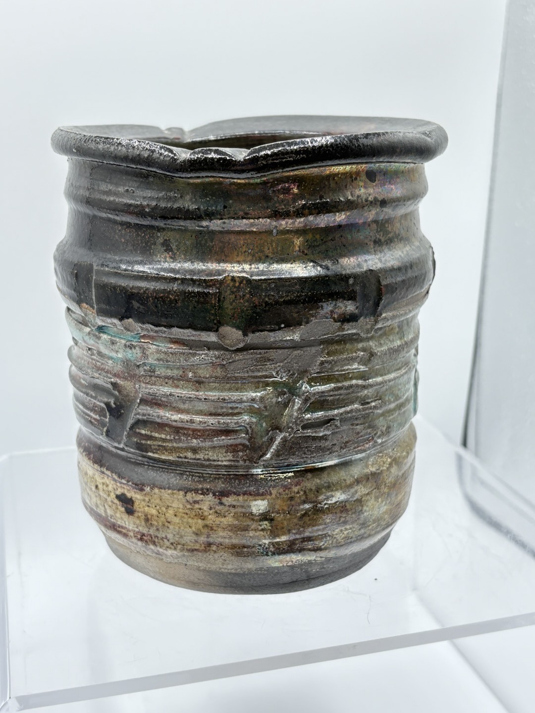 Cylinder Raku Vase With Texture Signed 5.5”