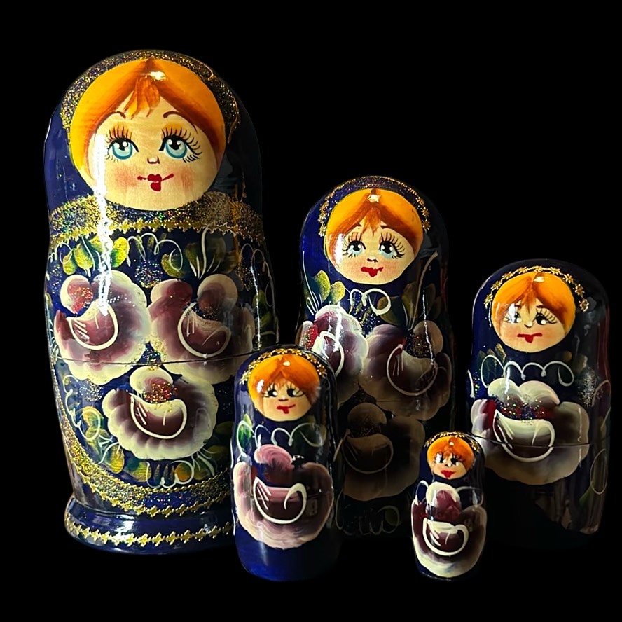 Vintage, Set Of Five, Russian Matryoshka Nesting Dolls - Cobalt Blue ...