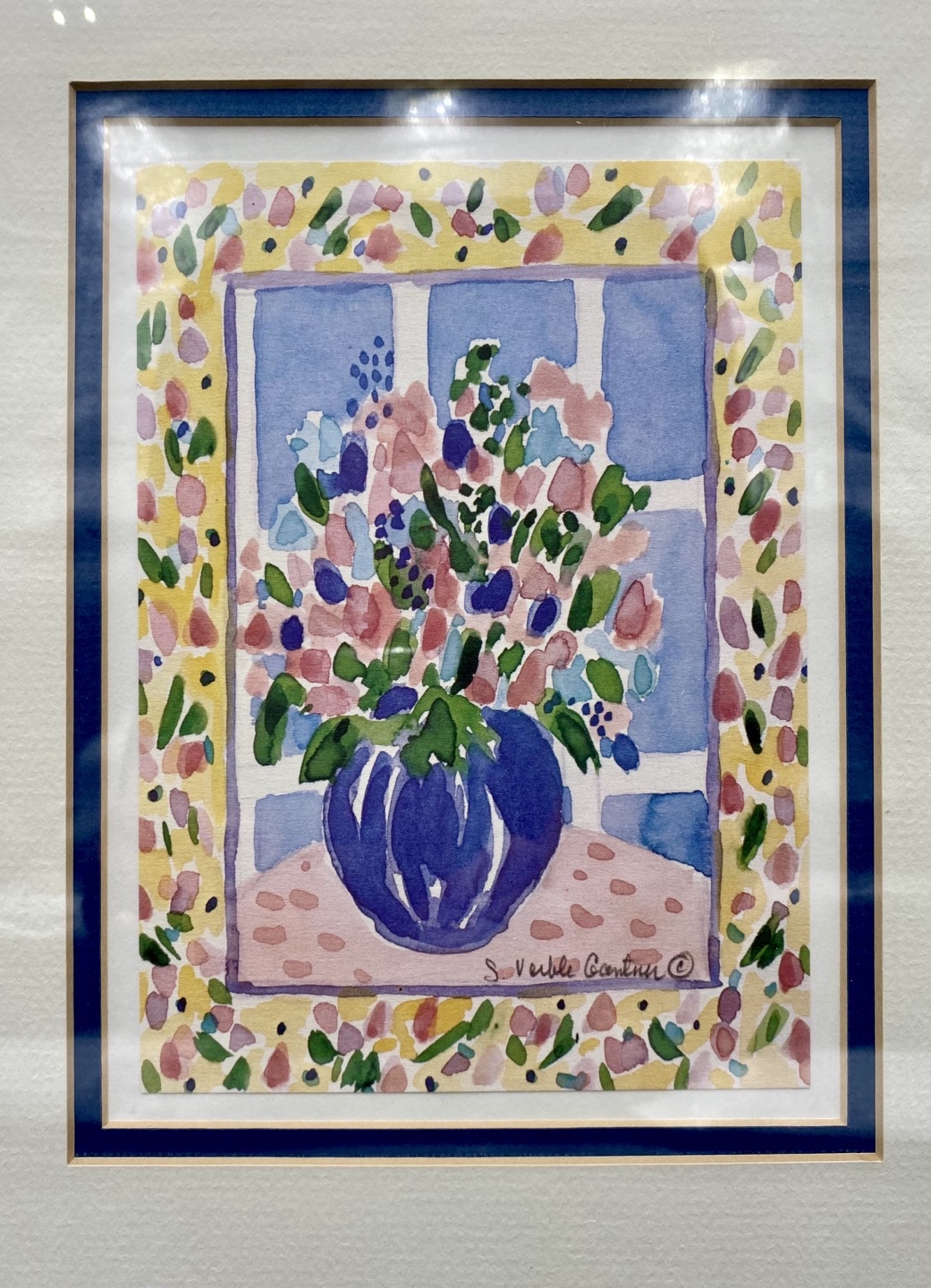 Susan Verble Gantner Watercolor Print, Purple Vase & Flowers, Double Matted