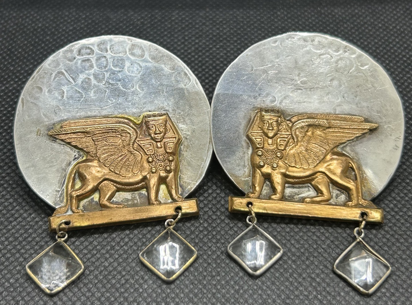 Vintage Sterling Silver And Gold Tone Sphinx Earrings With Glass Dangles
