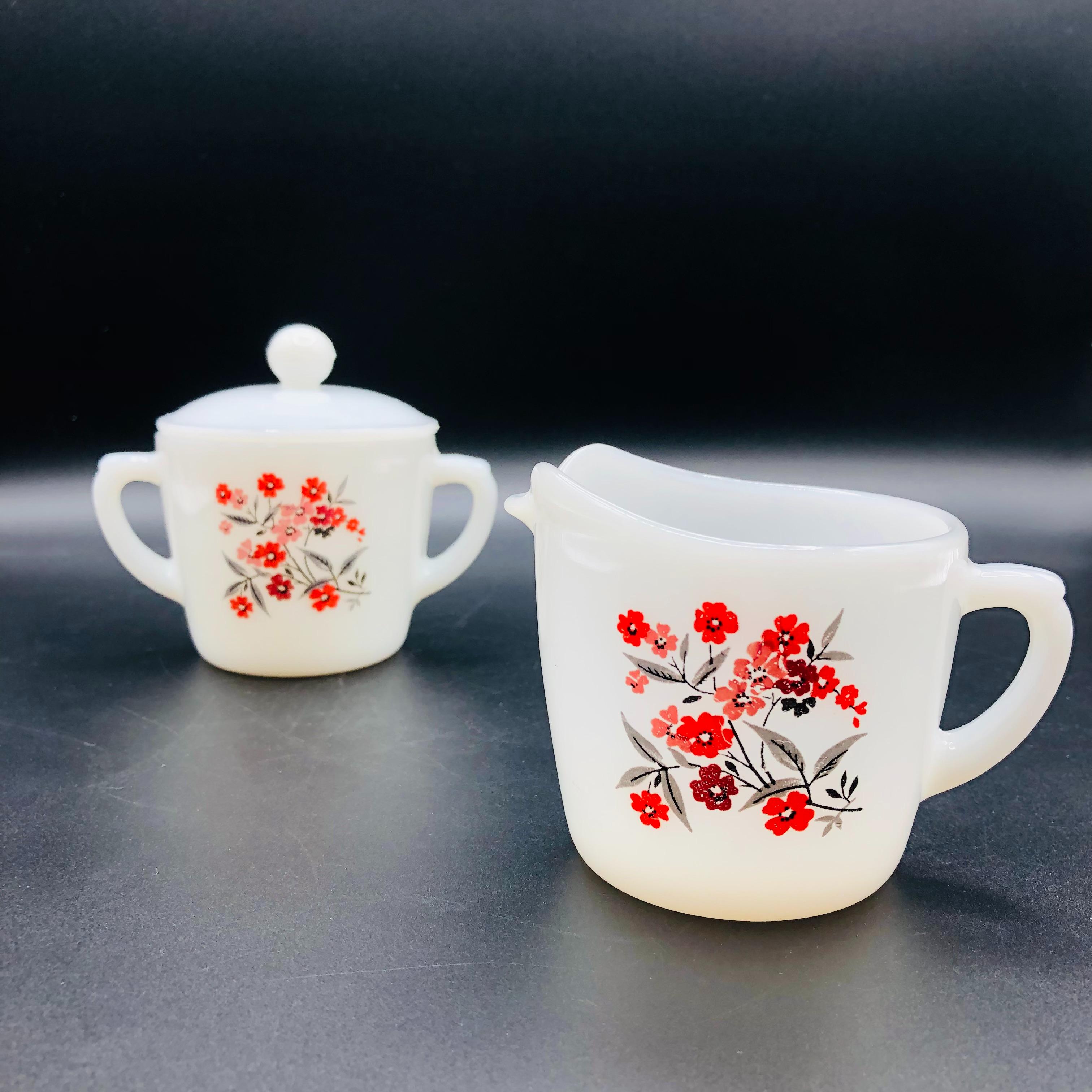 60s Fire King Primrose Milk Glass Creamer Sugar Set Floral Decor