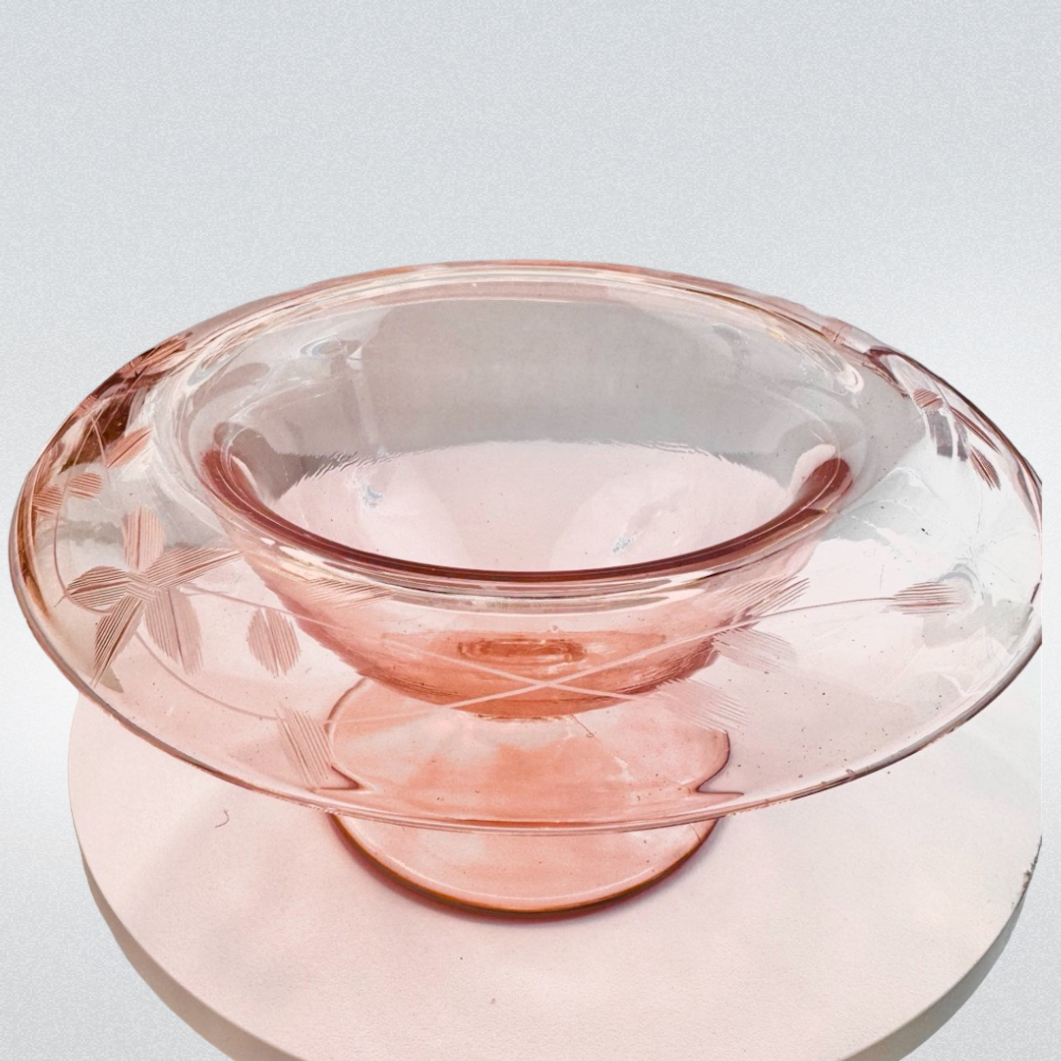 Pink Etched Depression Glass Pedestal Bowl