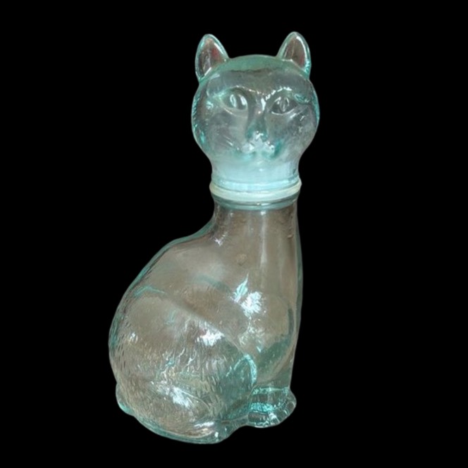Mid Century Green Glass Cat Decanter Bottle, 7”