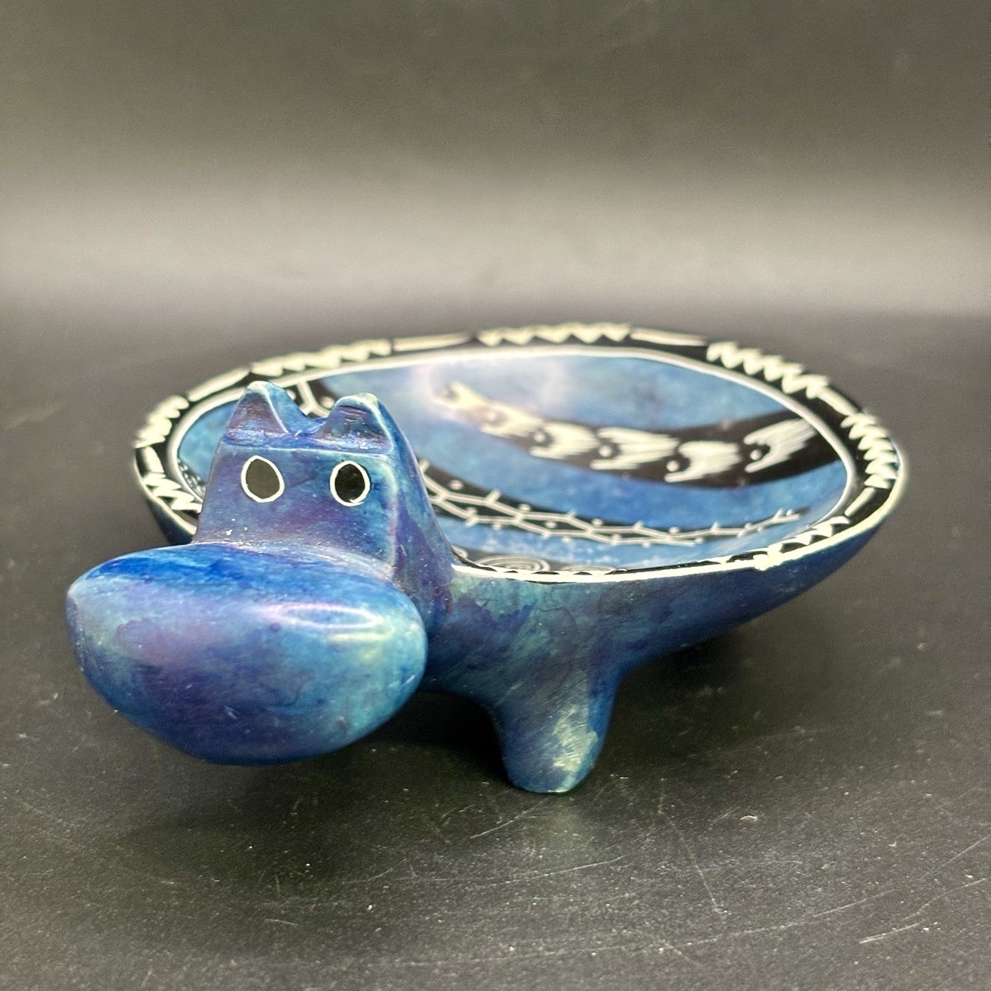Soapstone Blue Hippo Trinket Coin Dish Painted Etched Africa 4.5”