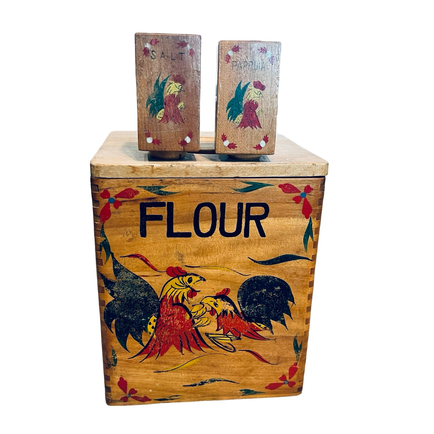 022 Vintage Wood Rooster Canister Set (3) Plus Shakers