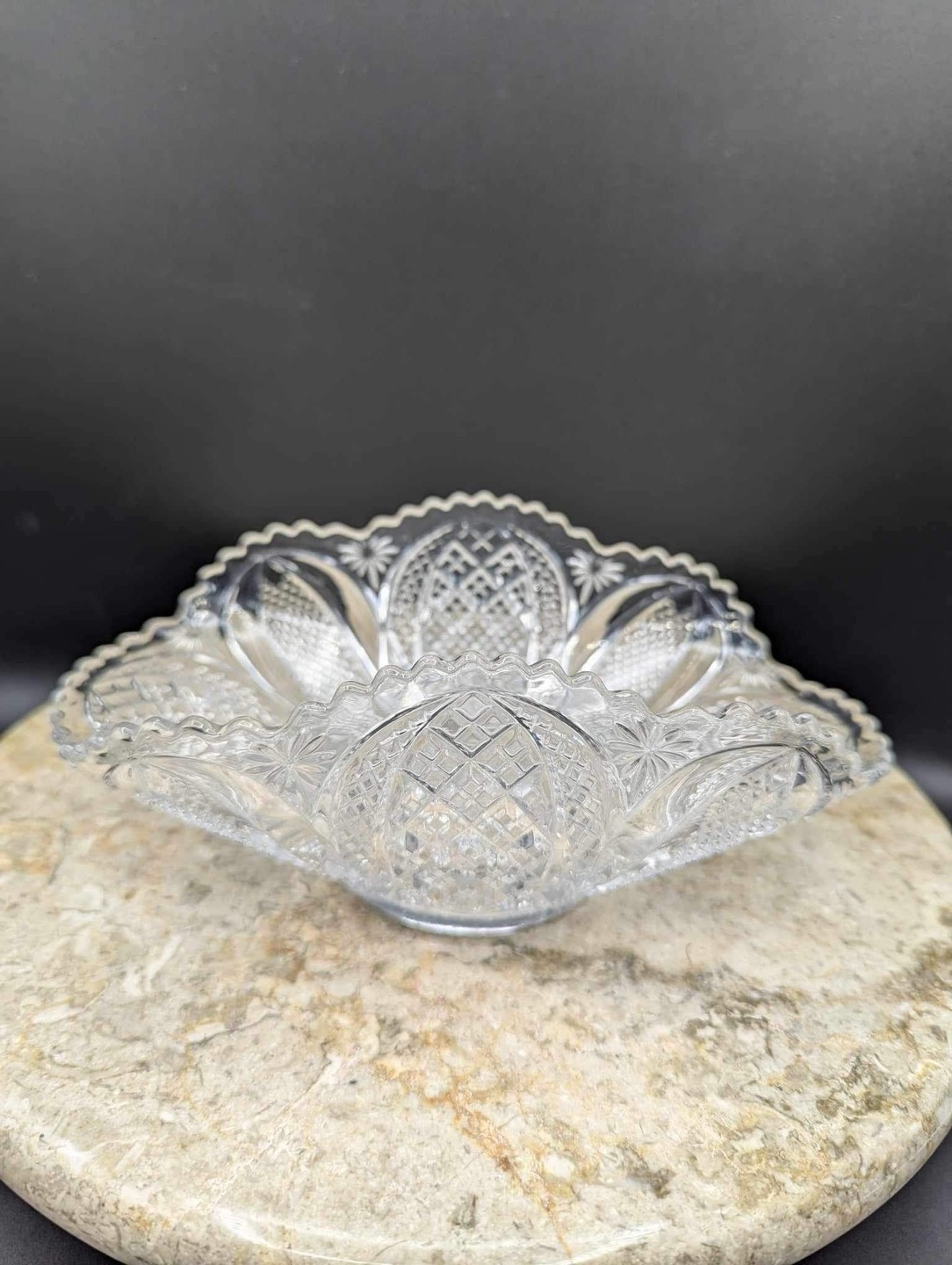 Vtg Pressed Glass Rolled Rim Candy Dish Diamond Star Pattern Glows ...
