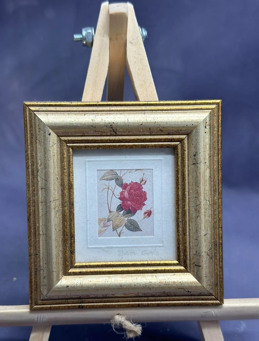 Vintage Sharon Jervis Floral Miniature Art Matted & Framed With Easel