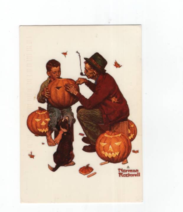 Vintage Postcard Halloween Norman Rockwell Pumpkin Carving Posted 1996