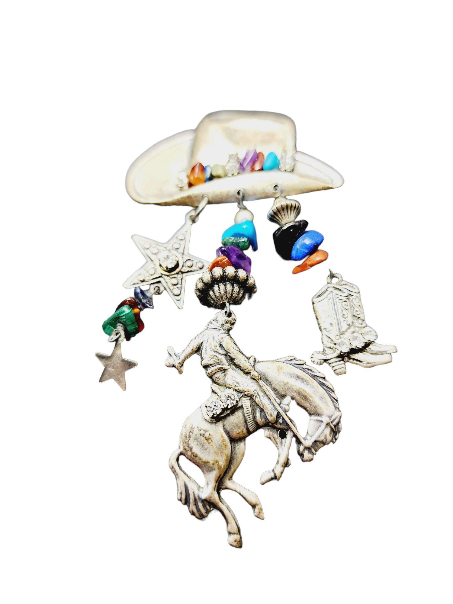 Vintage Semi Precious Cowboy Hat with Dangles Brooch