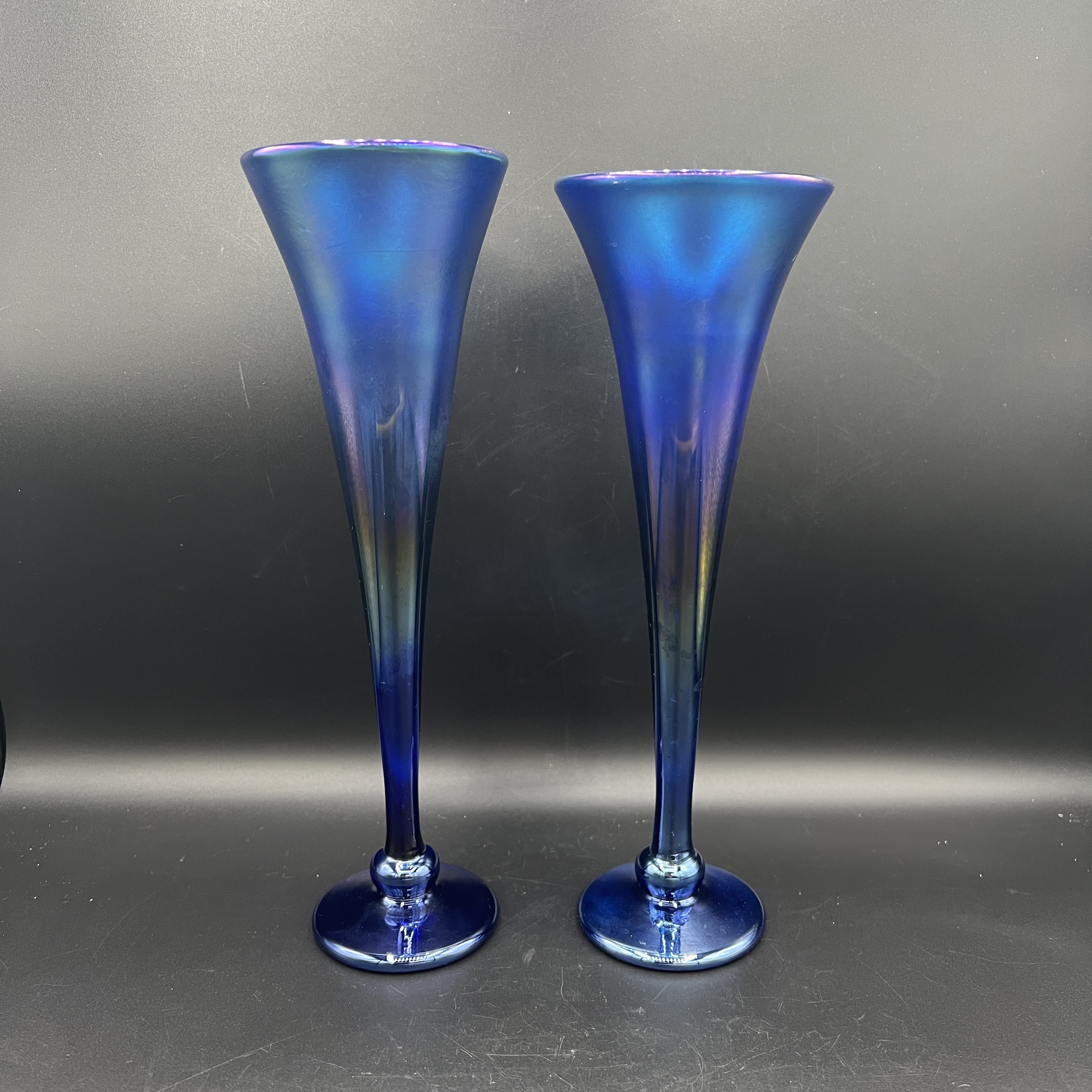 2 RICK STRINI Art Glass Blue Luster Iridescent Champagne Flute Stem Set ...
