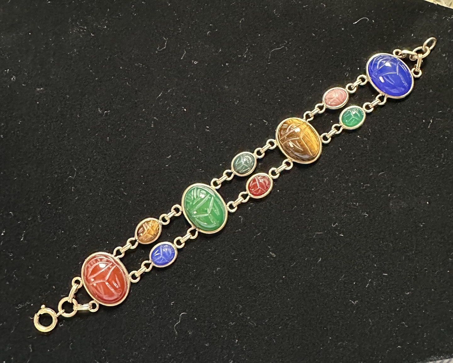 Vintage Van Dell Gold Filled Genuine Carved Stone Scarab Bracelet
