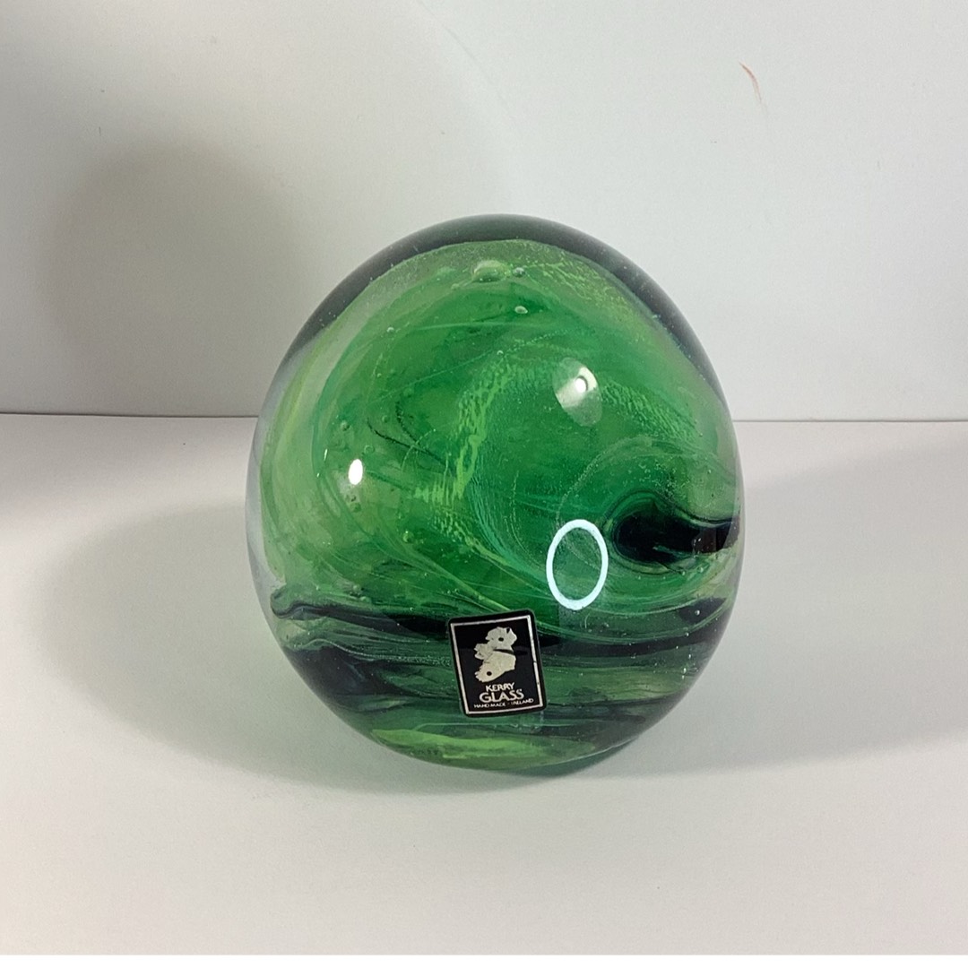 004. Kerry Glass Green & Black Swirl Paperweight 3.25”