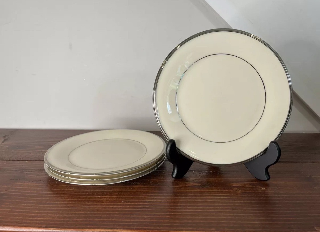 4 Lenox Solitaire Salad Plates Dishes Platinum Trim Cream Dinnerware ...