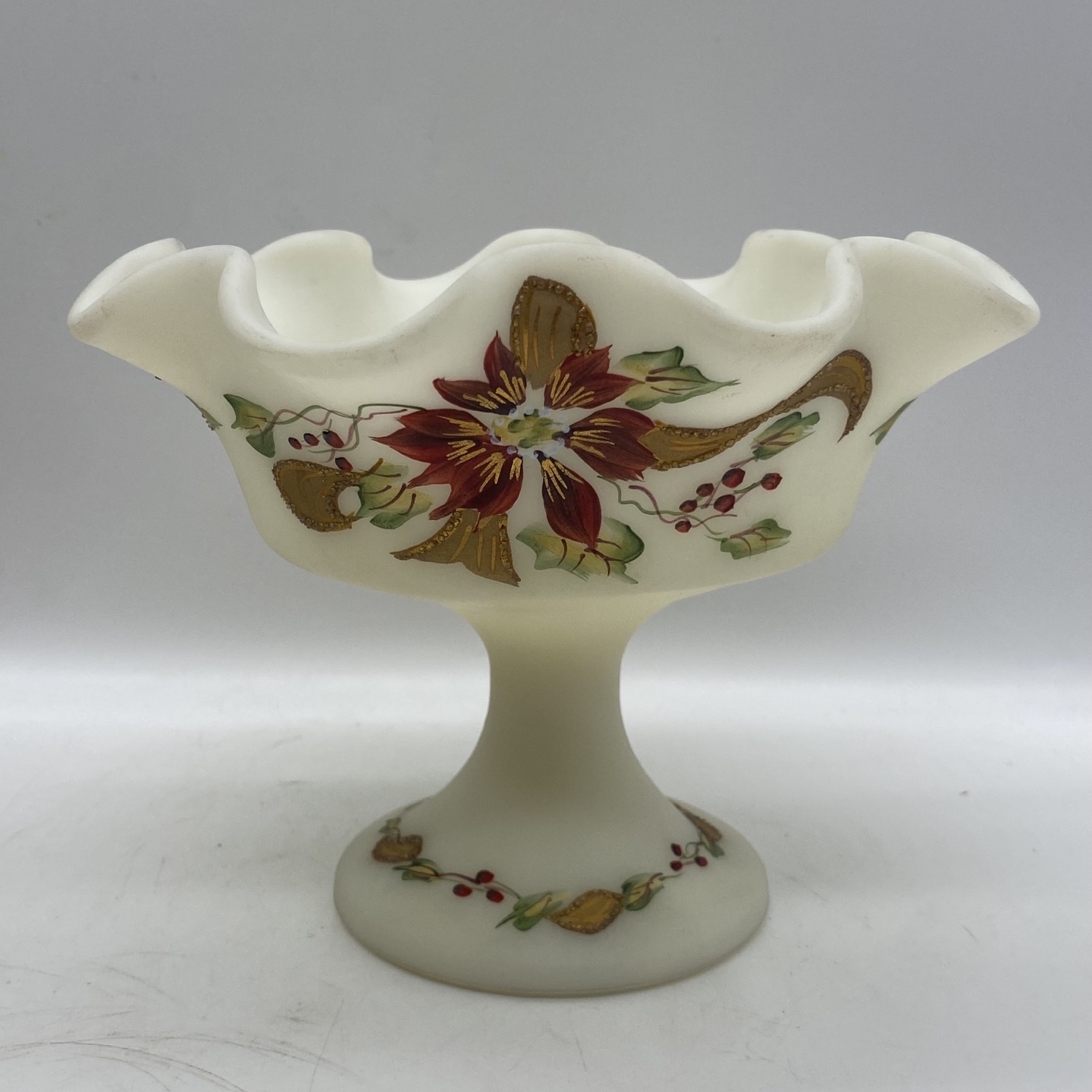 Vintage Fenton Candy Dish Ruffled Compote Hand Painted Poinsettias