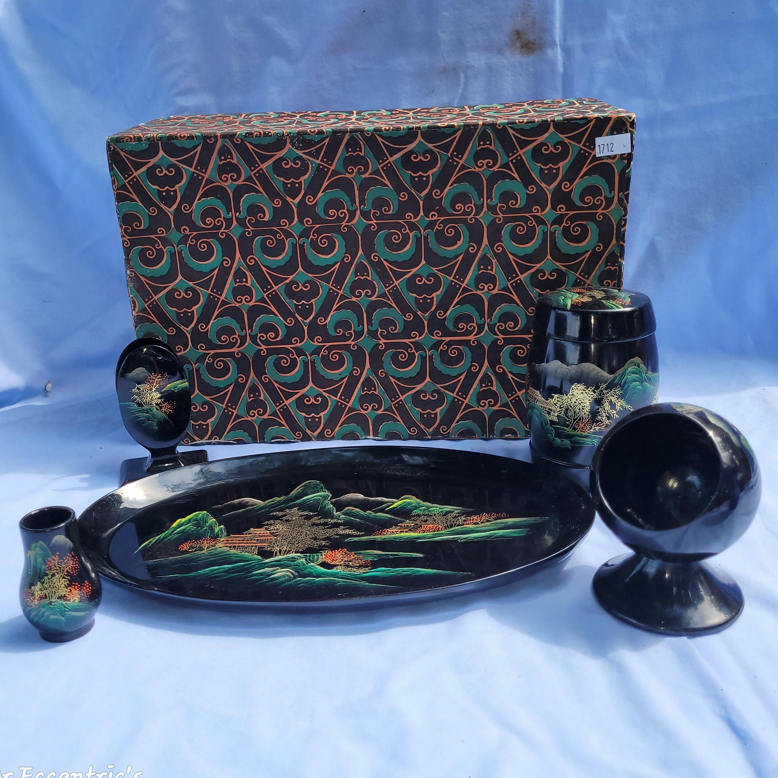 Vintage Japanese Lacquerware Vanity Set with Scenic Design
