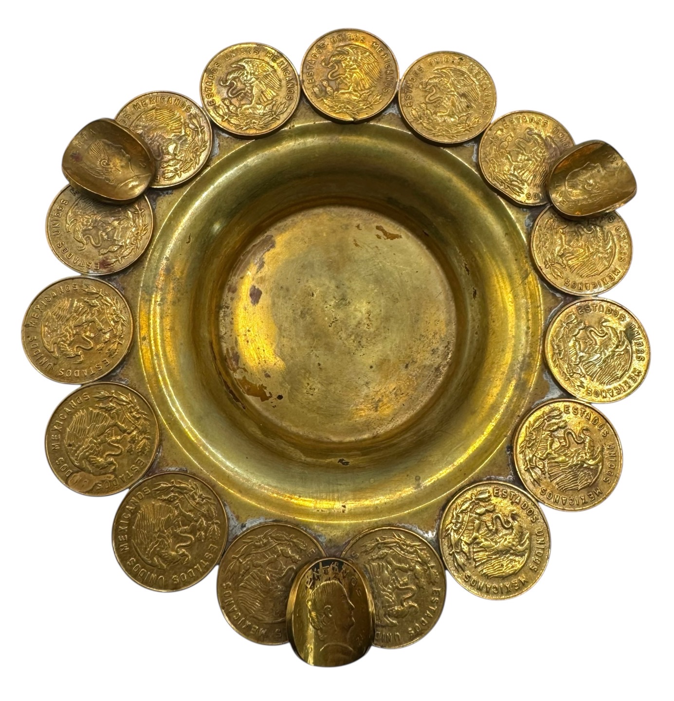Vintage Mexican Brass Coin Ashtray Trinket Dish 1970’s Mexico Metal 4.5”