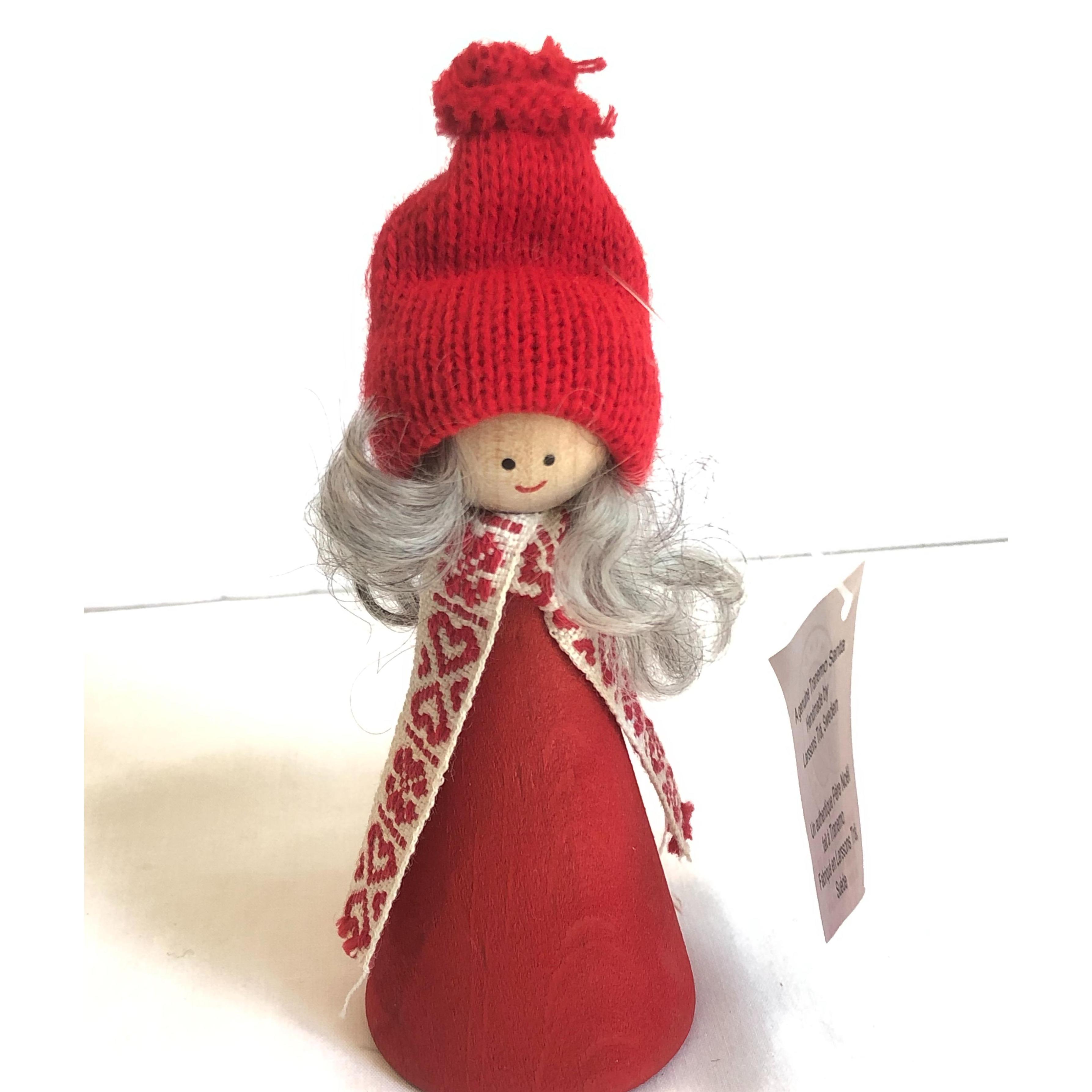 LARSSONS TRA Sweden 5" Red Wooden Christmas Tranemo Santa Girl Real Hair New NWT