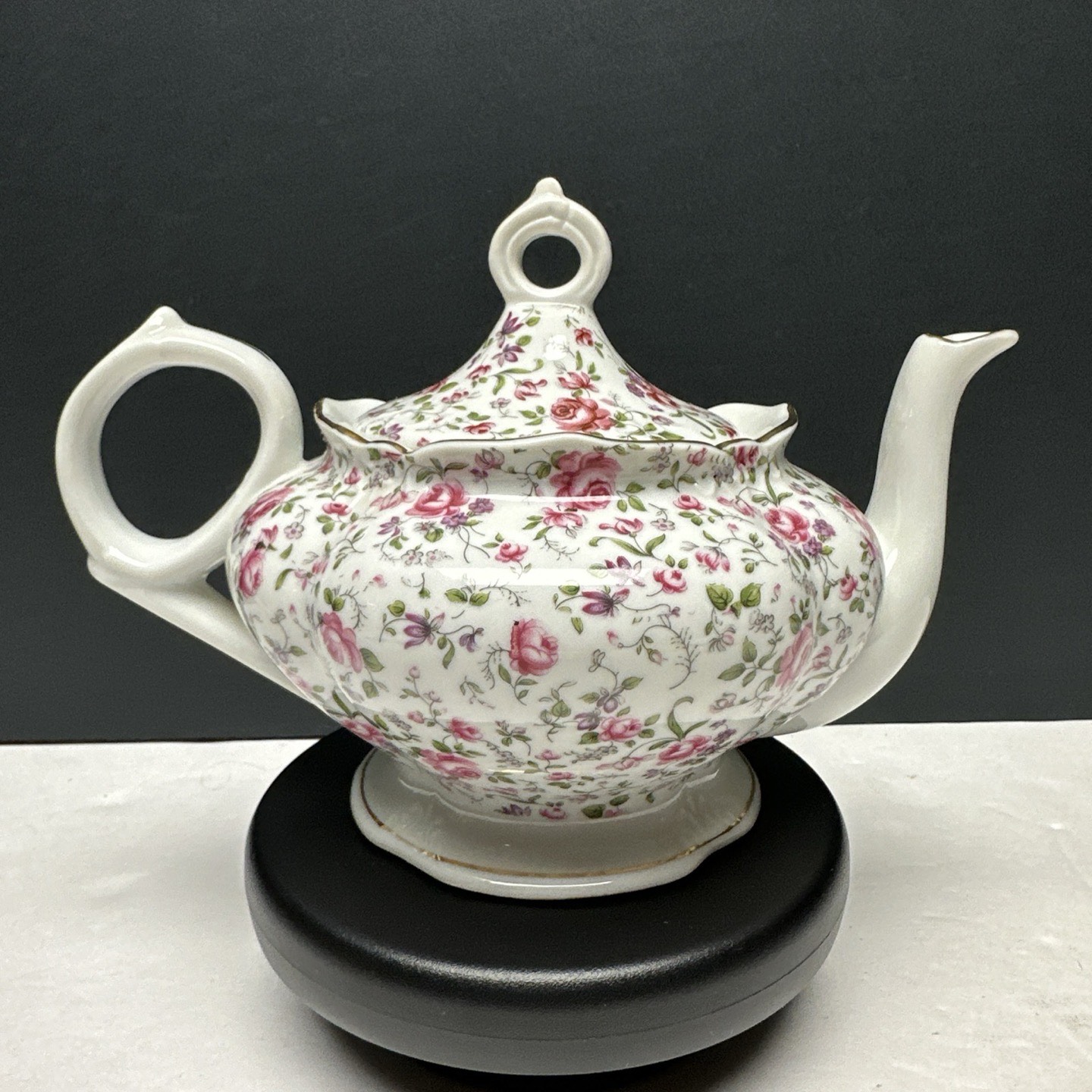 Lefton Porcelain Musical Teapot Hand Painted Chintz Floral Pink Roses ...