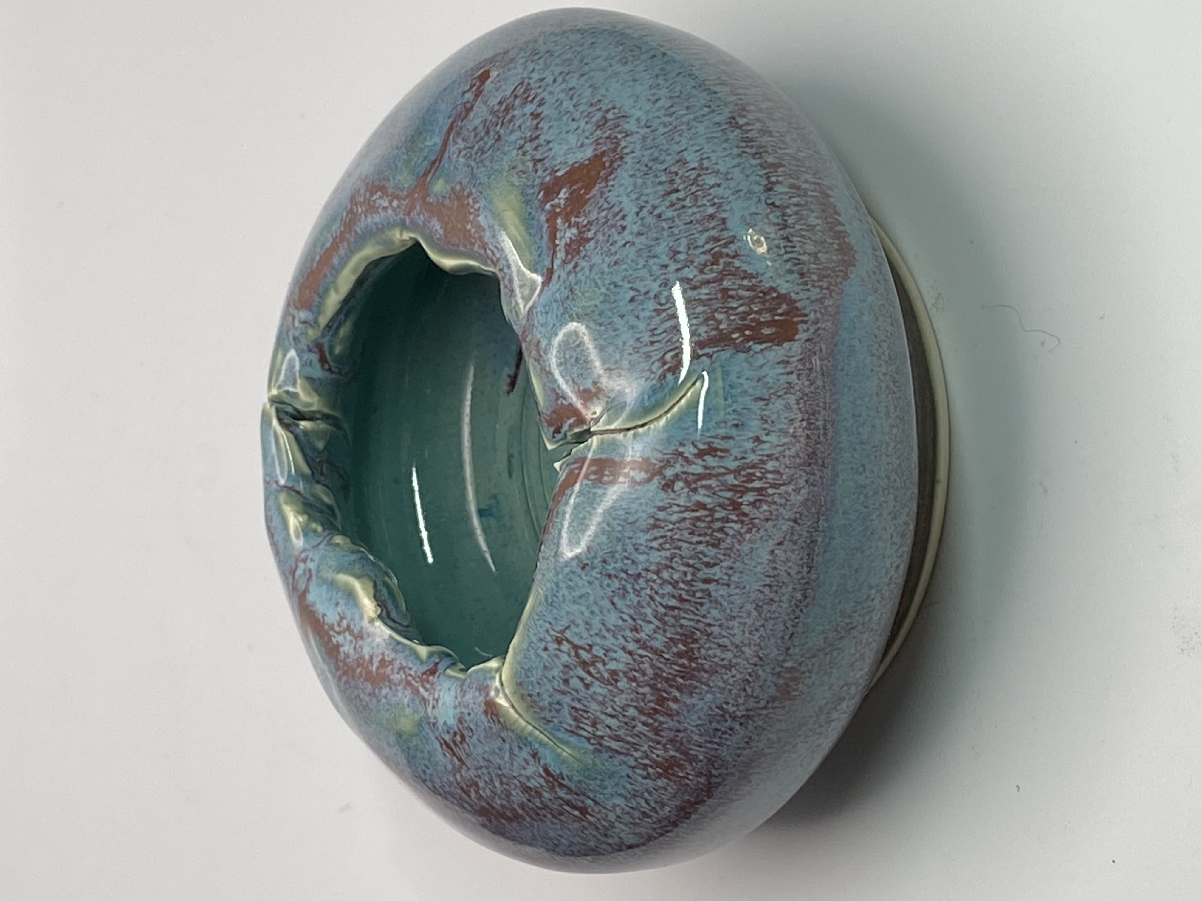 Studio Pottery w/ Organic Pinched Rim, Turquoise & Red, 4" Wide
