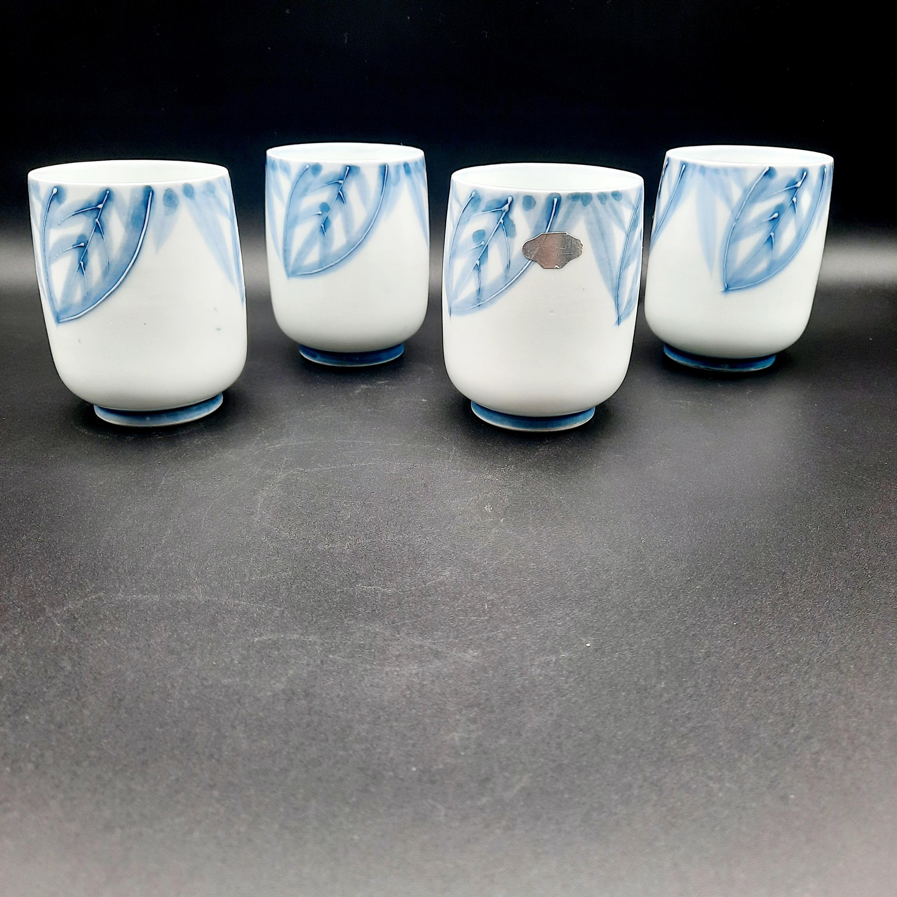 Vintage Japan Porcelain Handleless Teacups Blue White Raised Leaf ...