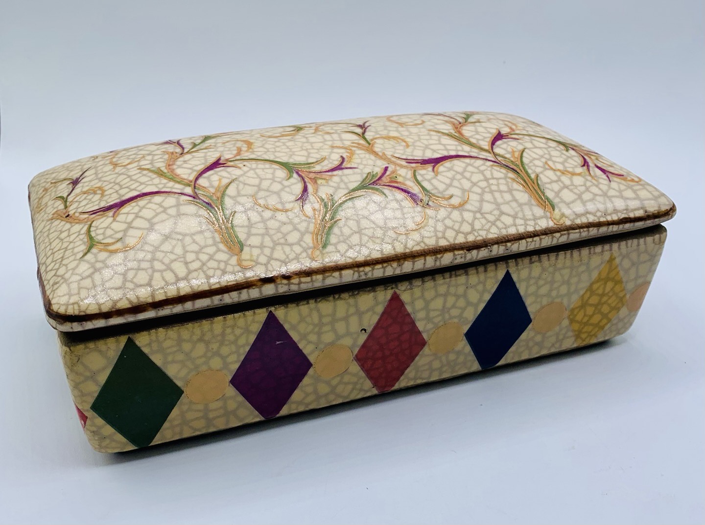 Chinese Ge Ware Style Trinket Box Crackle Glaze Lid Geometric Ceramic ...