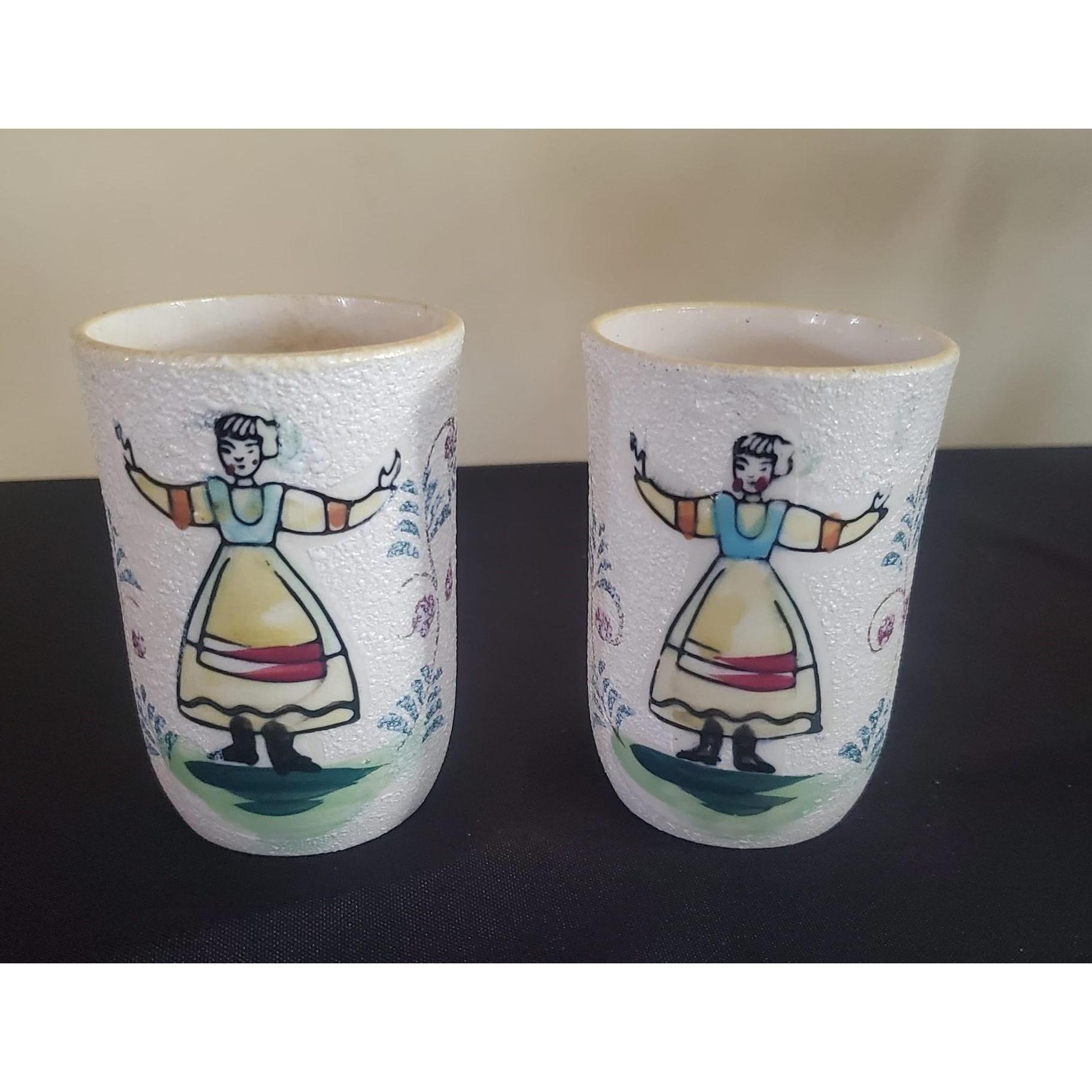 2 Vintage Pennsylvania Dutch Girl Tumblers/Juice Cups Hand Painted Folk ...