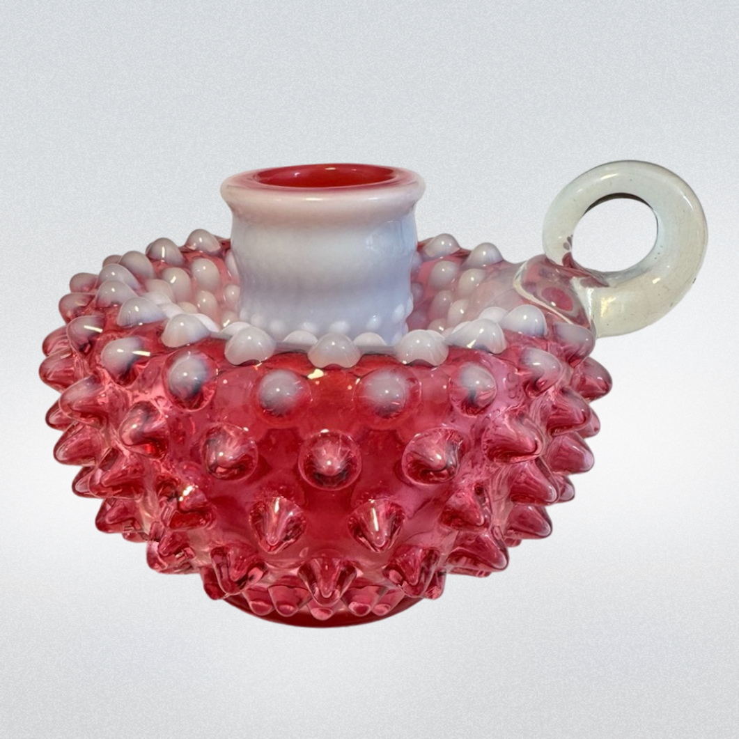 Fenton Pink And White Opalescent Hobnail Handled Taper Candle Holder