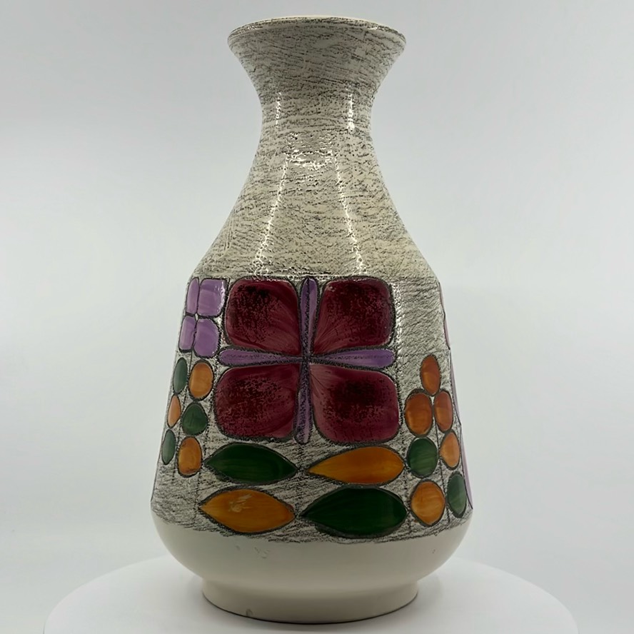 Eduardo Vega Ecuador Groovy Floral Pottery Vase Signed 11H 6.25Dia