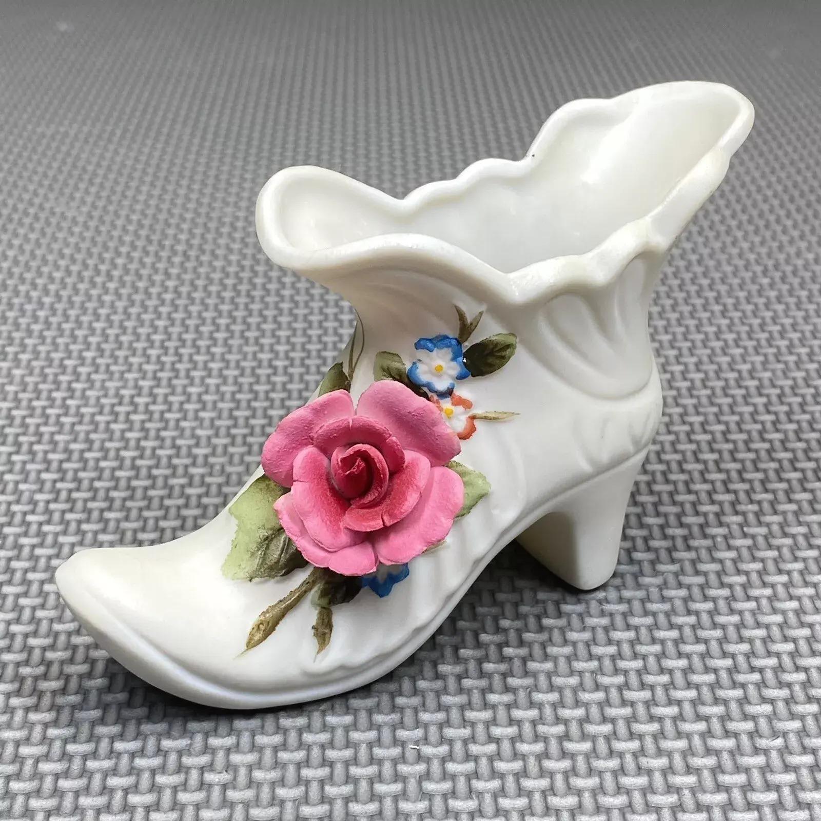 Vintage Bisque Ceramic Shoe Figure White Colorful Flowers Japan PR-37H