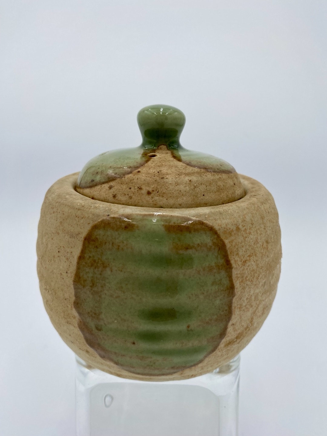 Rustic Stoneware Pottery Lidded Jar with vent; Light Brown and Green ...