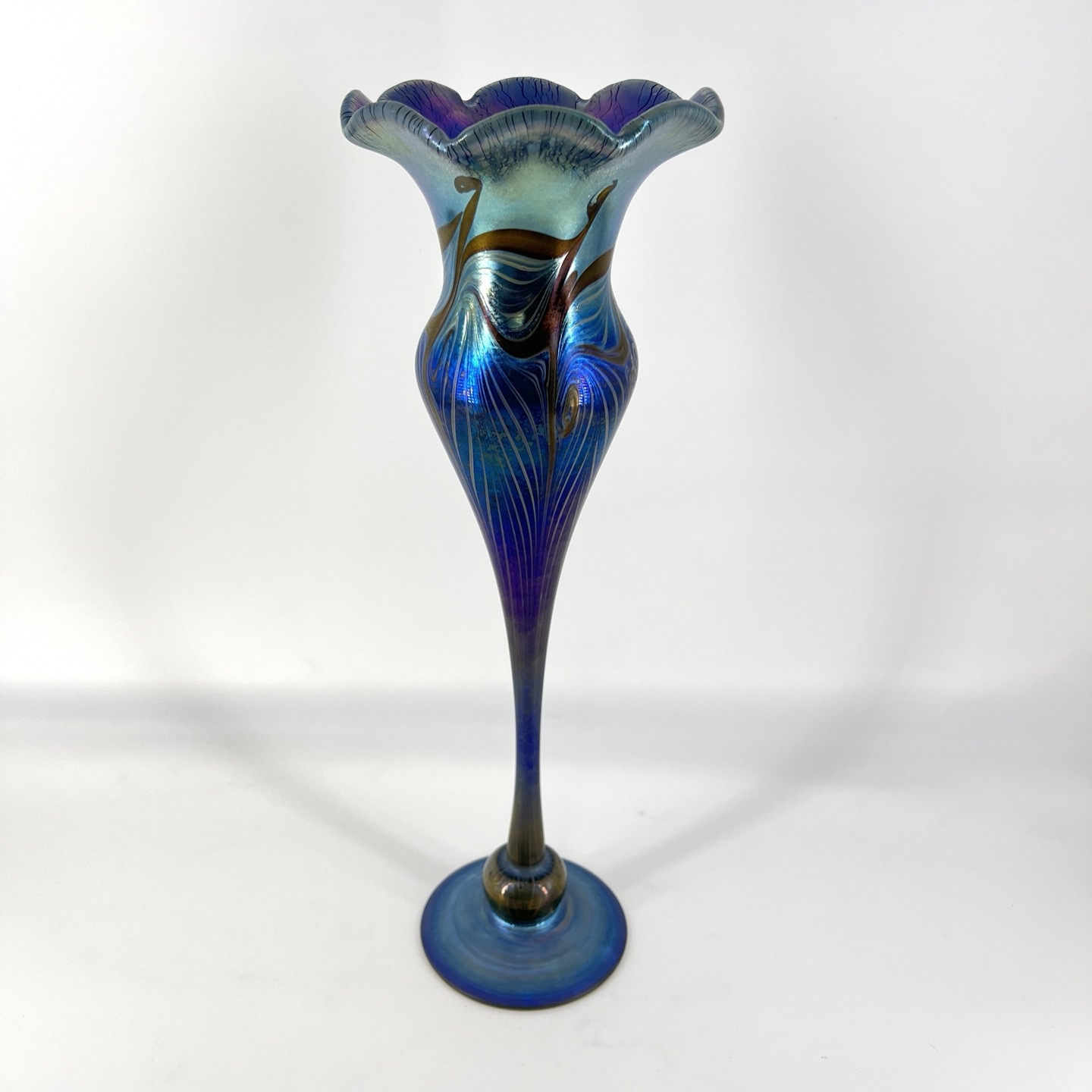 Vandermark Studios Blue Pulled Feather Art Glass Footed Trumpet Vase 15”