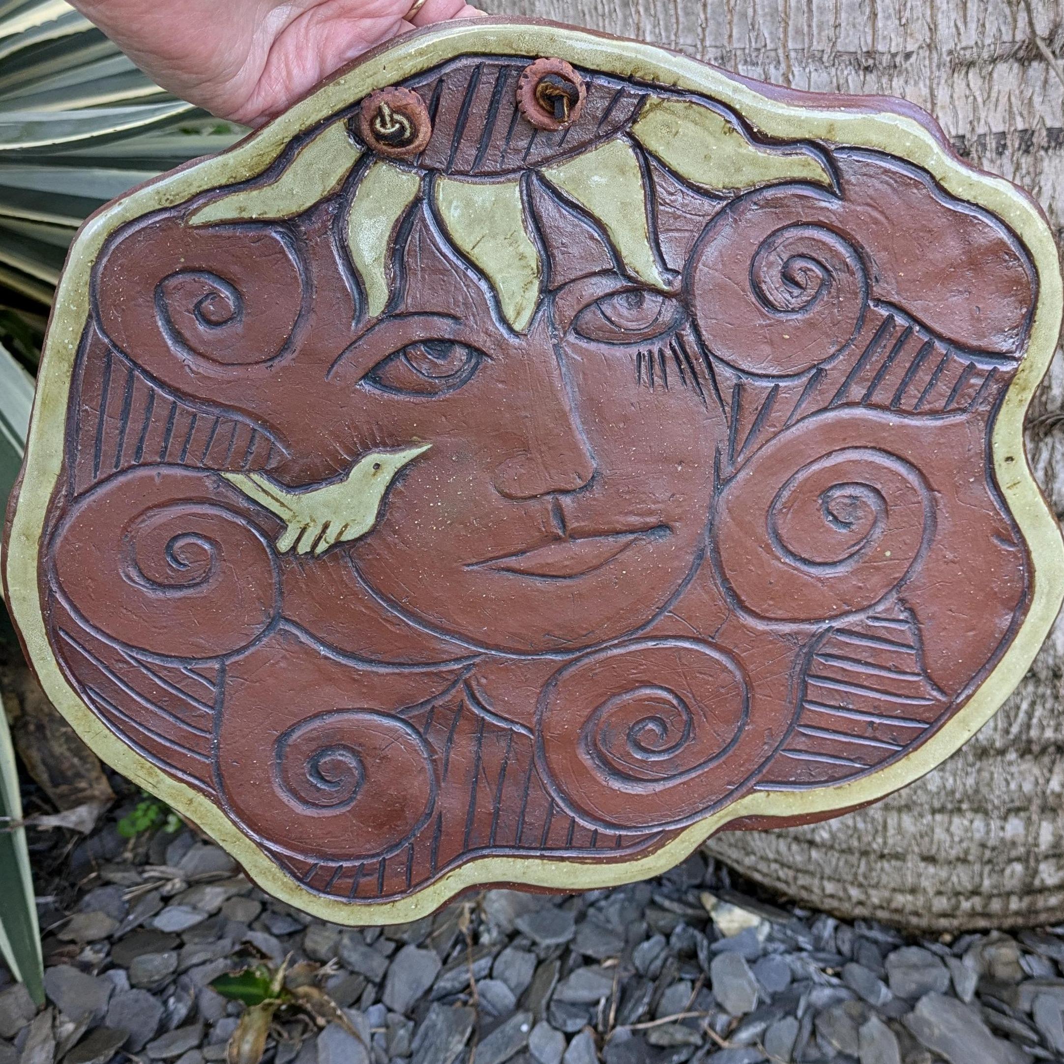 Signed Studio Art Pottery Red Clay Sun Face Bird Wall Hanging PopKin ...