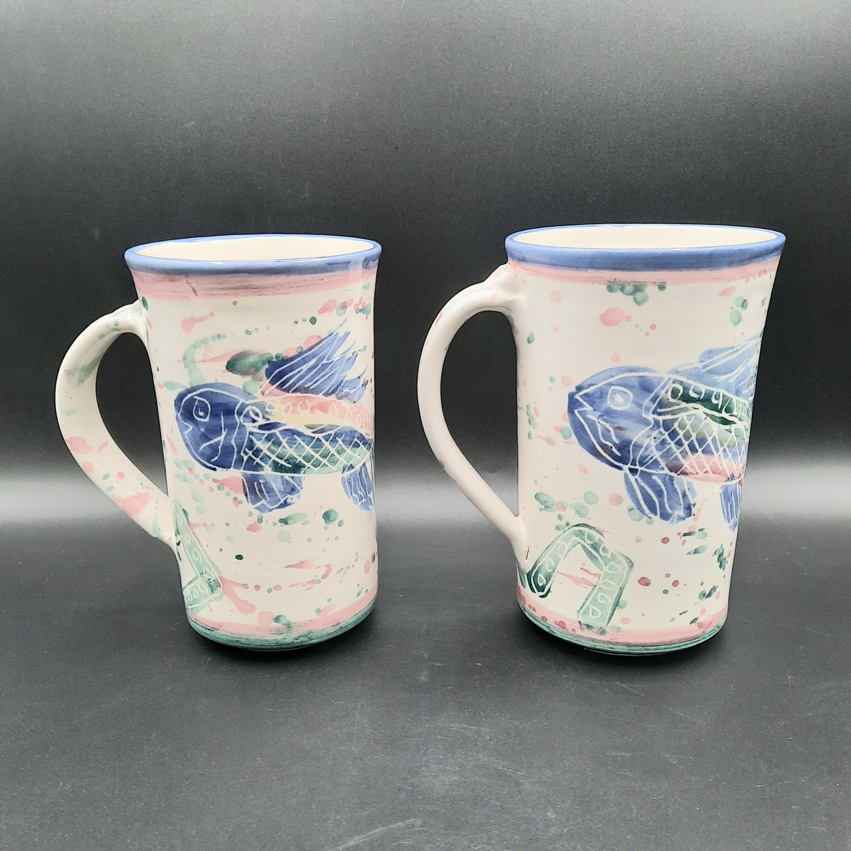 Art Pottery Signed Large Mugs Pastel Fish Set of 2