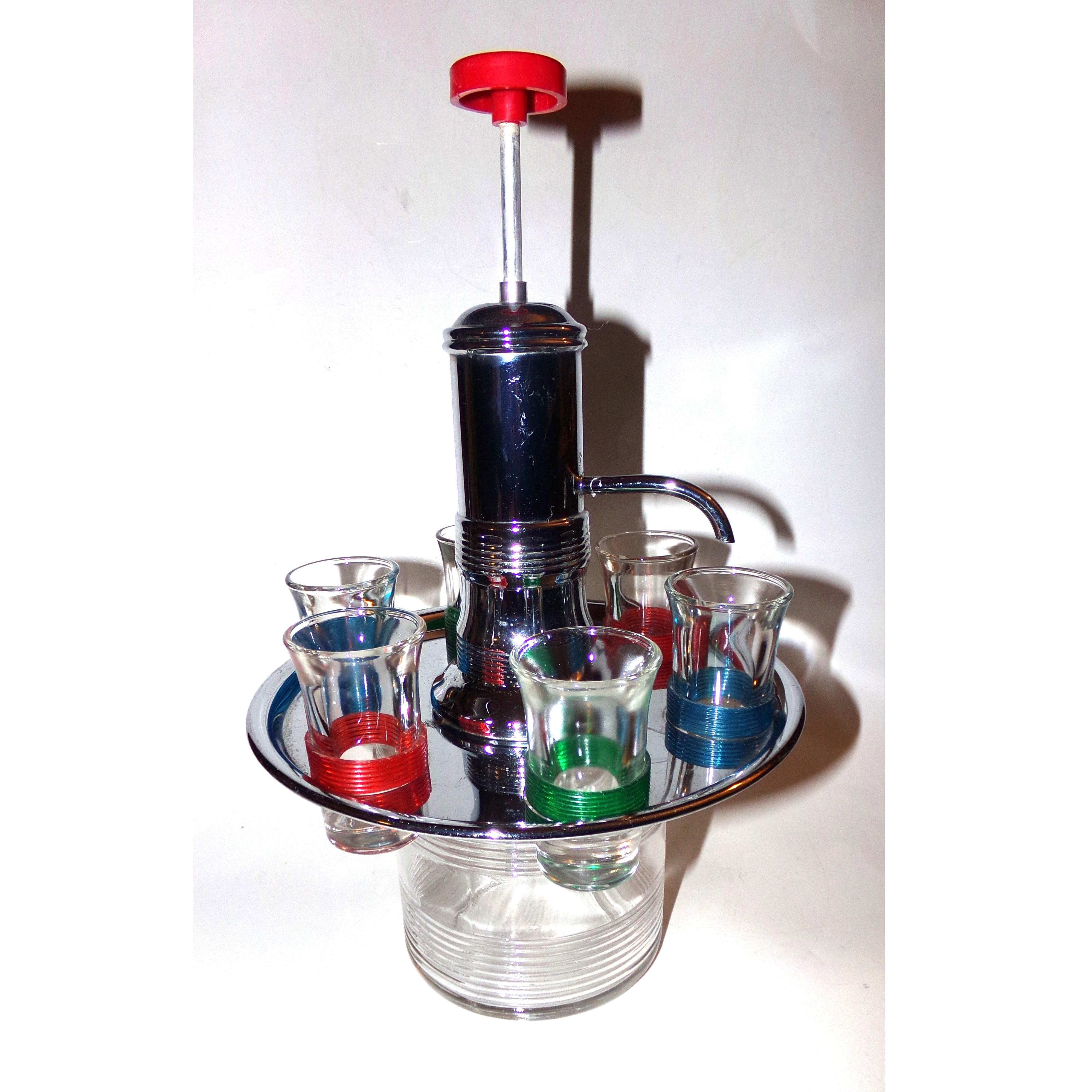 Vintage MCM, Chrome, Bakelite & Glass Liquor Dispenser Pump & 6 Shot ...