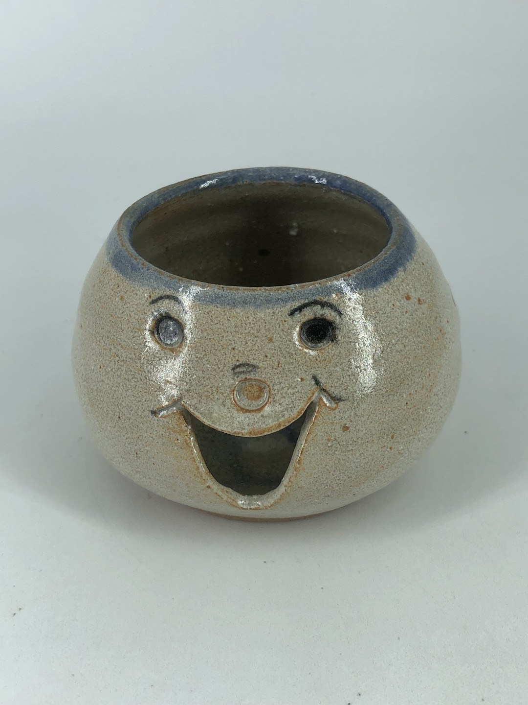 Studio Art Pottery Egg Separator Smiley Face Stoneware Beige & Blue Signed