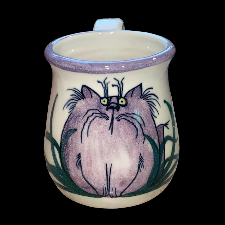 Vintage Moonfire Studio Art Pottery Purple Kitty Cat Coffee Mug