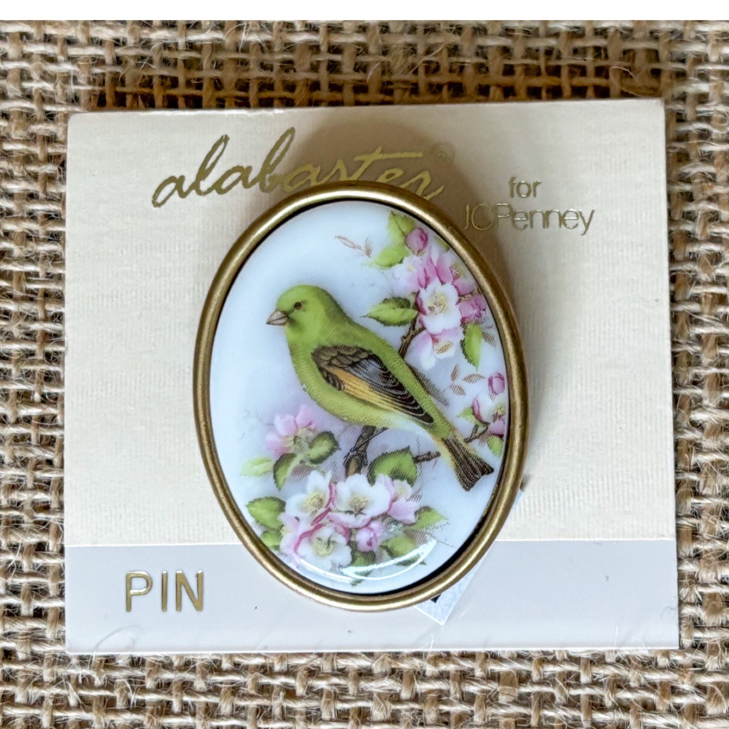 Vintage Alabaster By JCPenney Green Bird Floral Porcelain Brooch NOS Nature