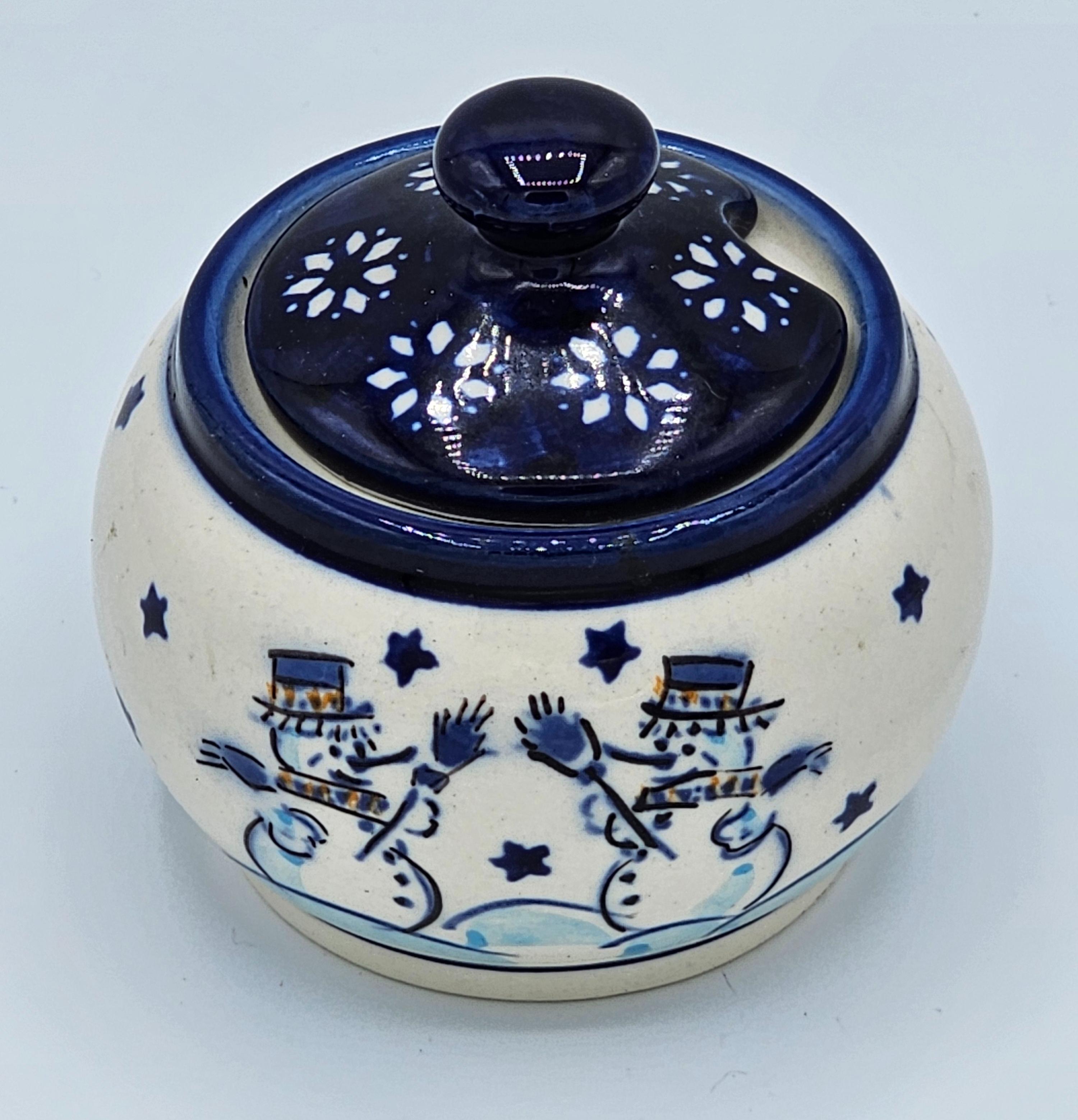 Handmade Polish Snowmen Pottery Condiment Jar Dish