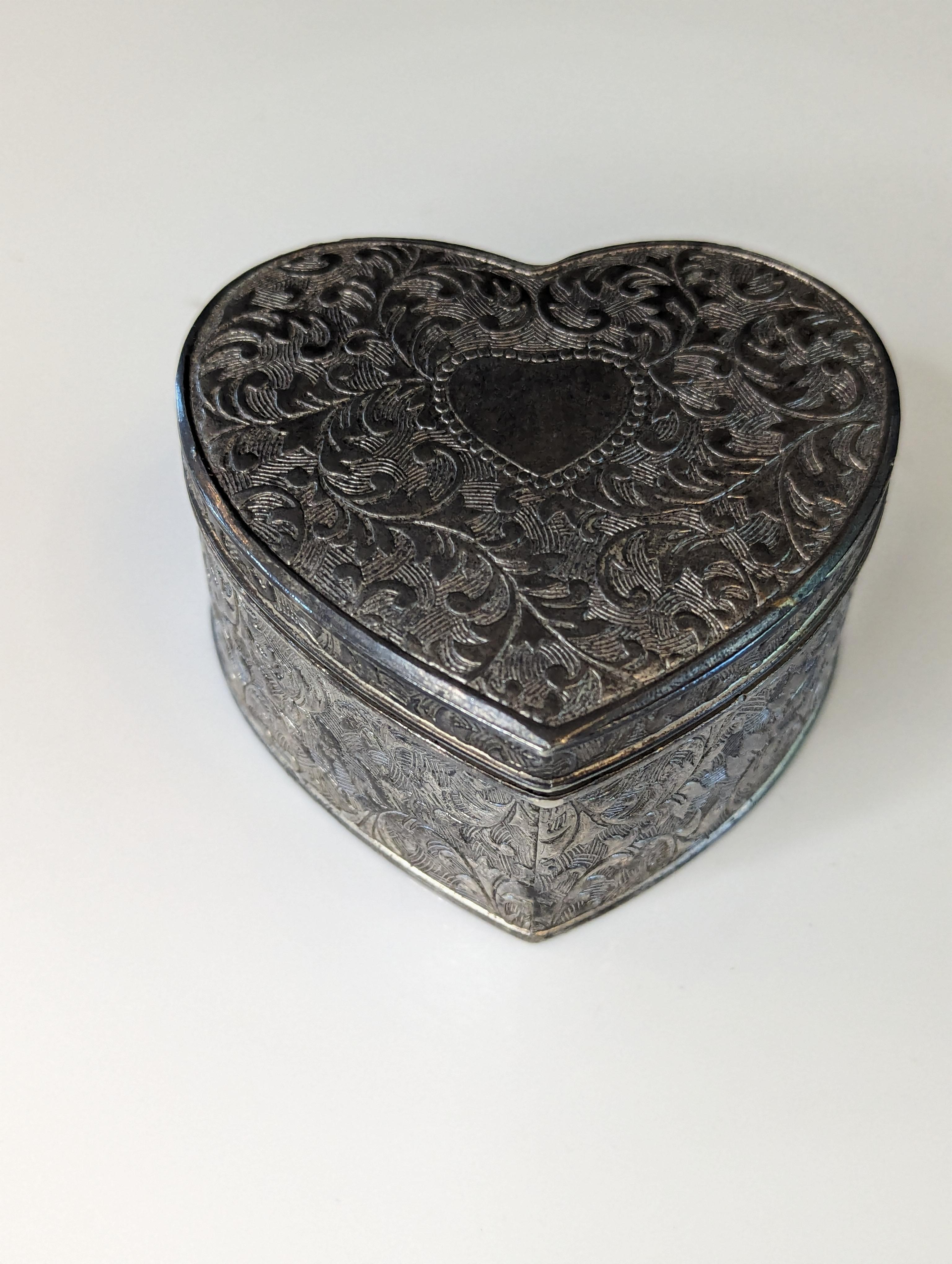 Vintage Heart-Shaped Metal Trinket Box, Floral Engraving, Possibly Godinger