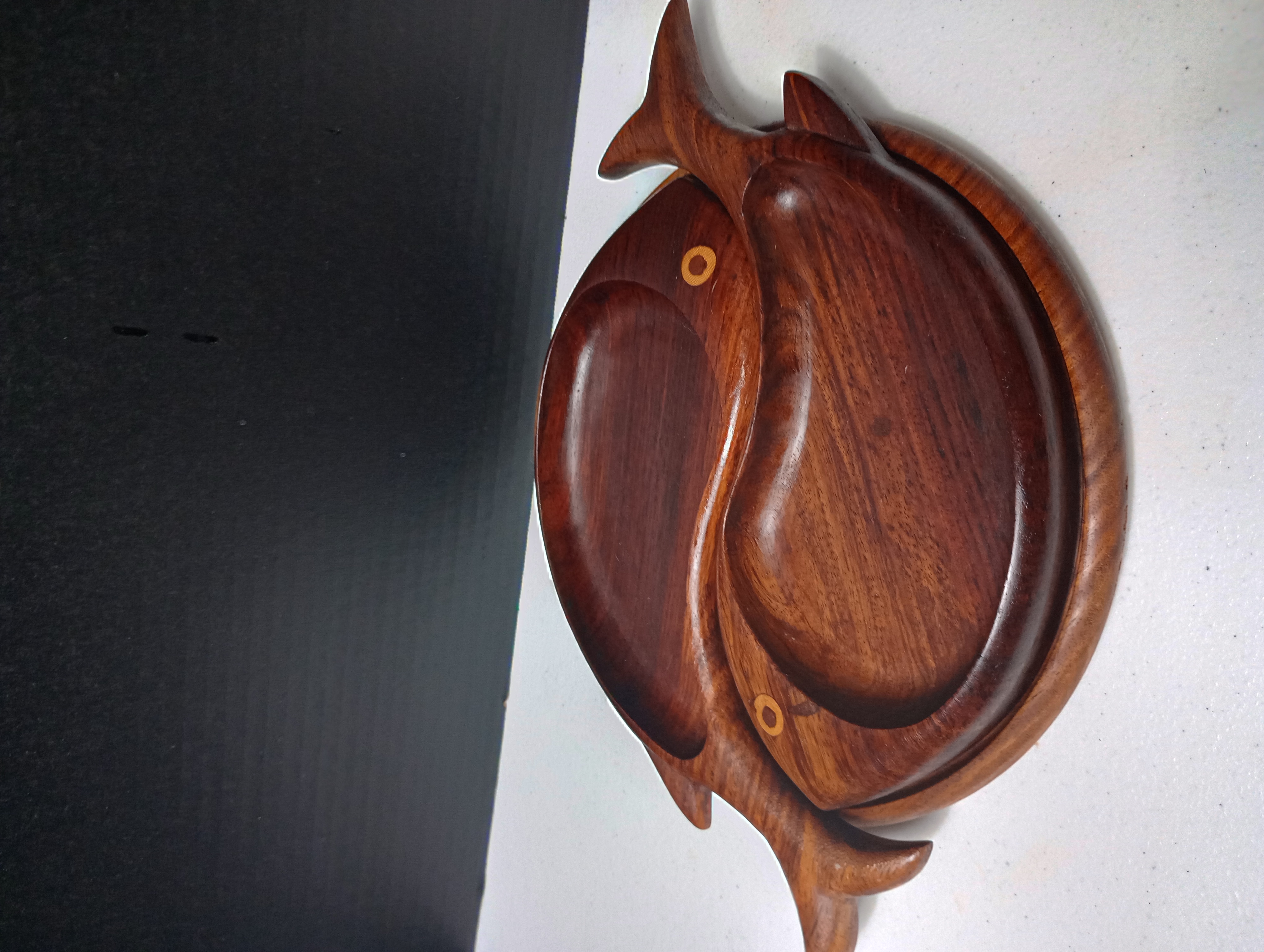 13.5 Monkey pod Ying-Yang fish trays with platter 3 pc set