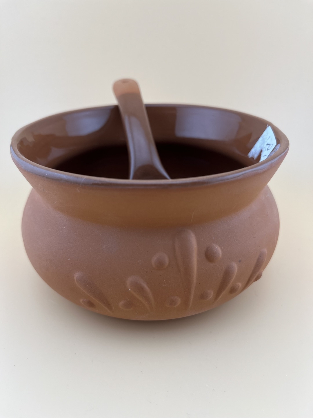 Clay Pottery Redware, Glazed Inside Of Bowl And Spoon