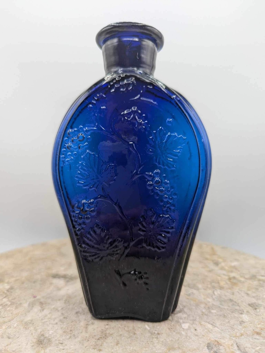 Rare Vintage Hand Blown Cobalt Blue Flask Bottle Grape And Ivy