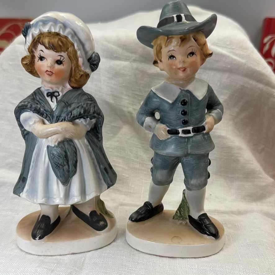 Vintage Lefton Thanksgiving Pilgrim Figurines Boy & Girl - Red Stickers ...