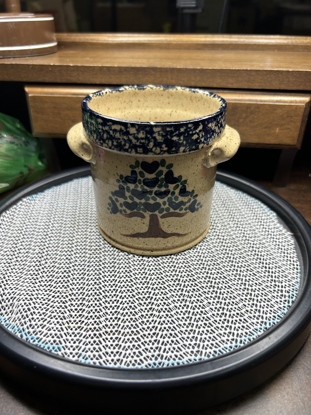 Three Rivers Pottery Mini Crock With Handles-Tree Of Hearts