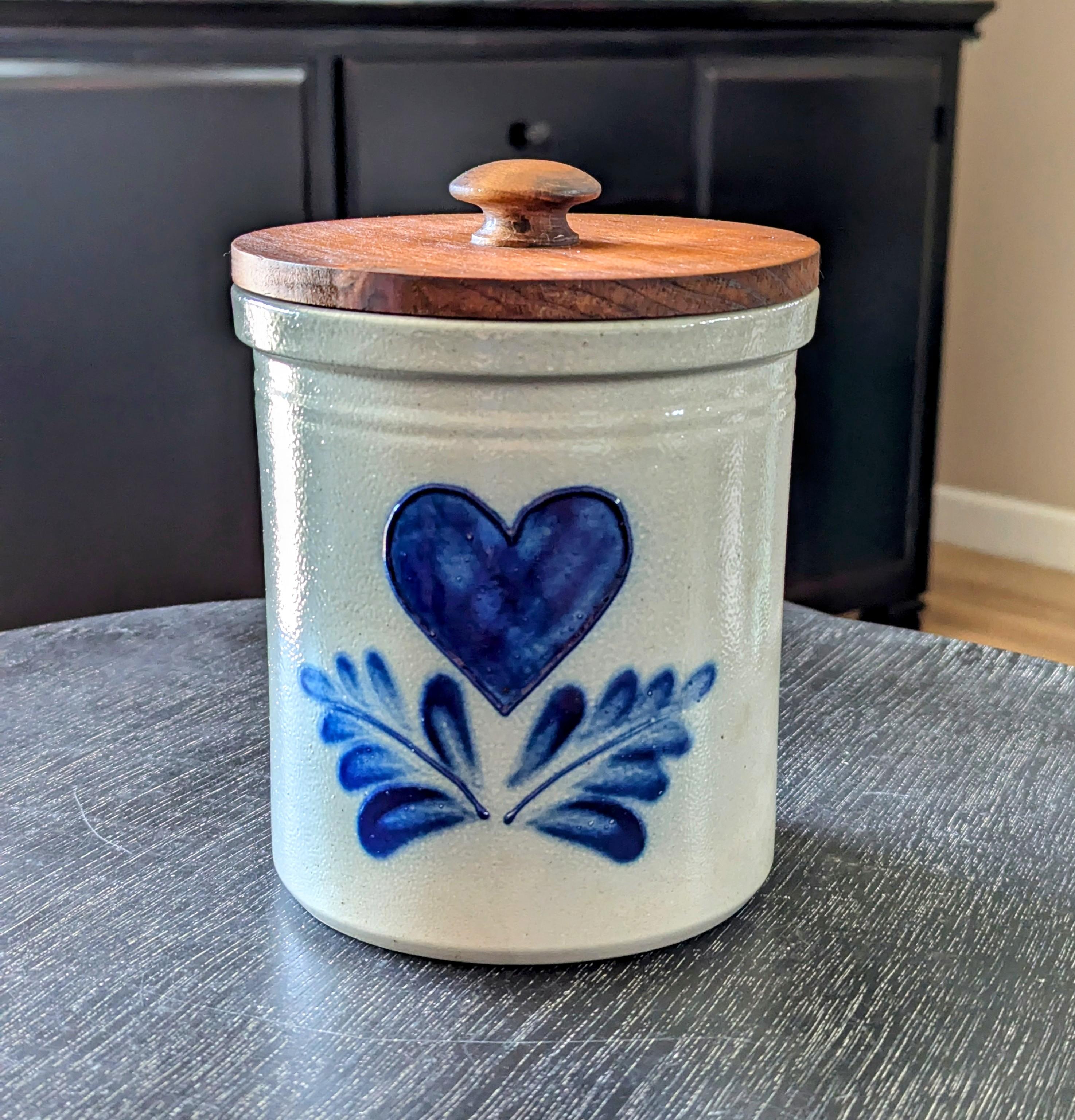 VTG 1992 Signed D Eldreth Folk Art Pottery Blue Salt Glaze Crock Wooden ...