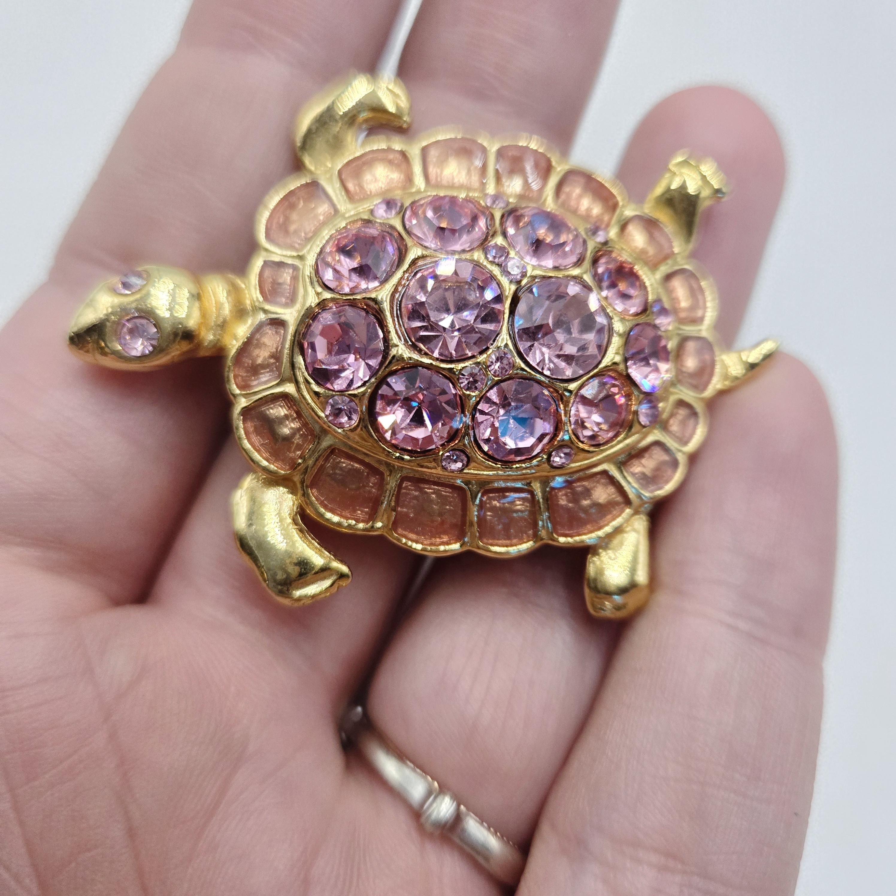Vintage Gold Tone Pink Foil Back Rhinestone Turtle Brooch Pendant Sparkling