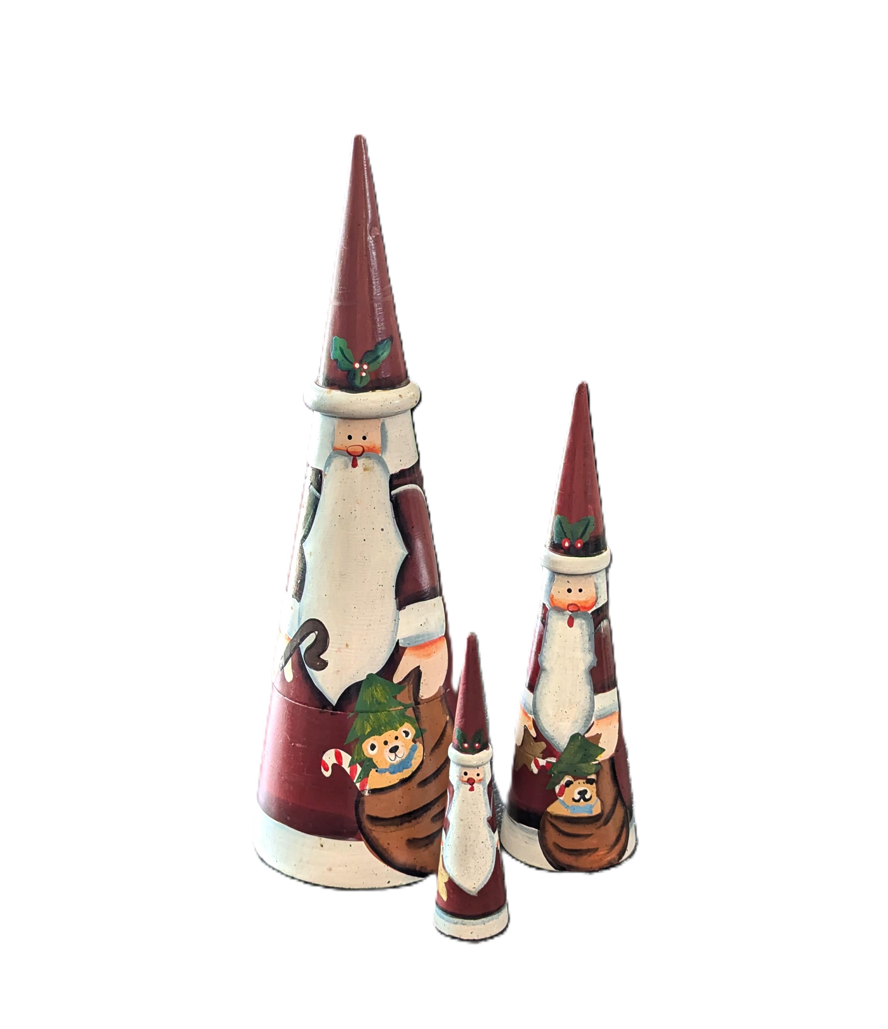 Vintage Nesting Dolls Santa Claus Cone Shape Set of 3 Wooden 10" Christmas