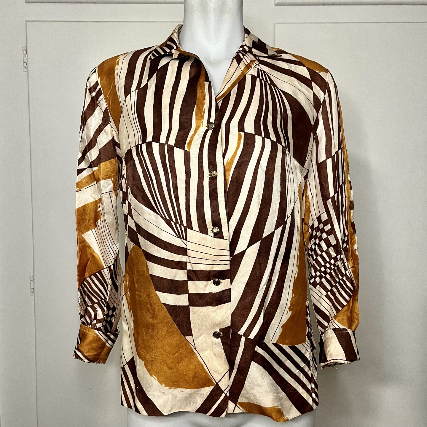 Vintage 60s Alex Coleman Groovy Brown Orange Psychedelic Button Up Shirt